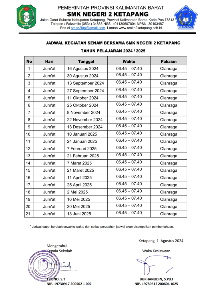 Jadwal Senam (SIMEKA) - SMK Negeri 2 Ketapang